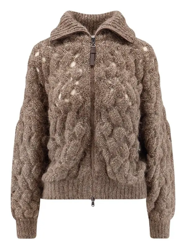 Brunello Cucinelli Perforated Cardigan With Microsequins - Brown
