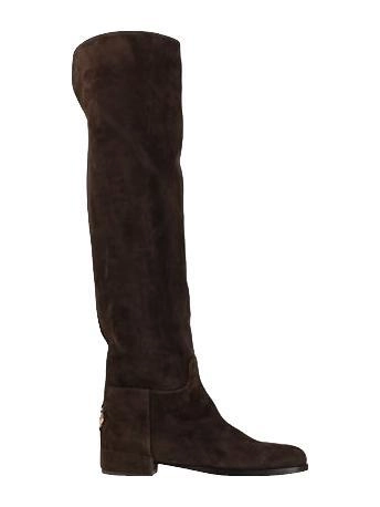 Dolce & Gabbana Dark Suede Knee High Boots With Logo Embellishment - Brown
