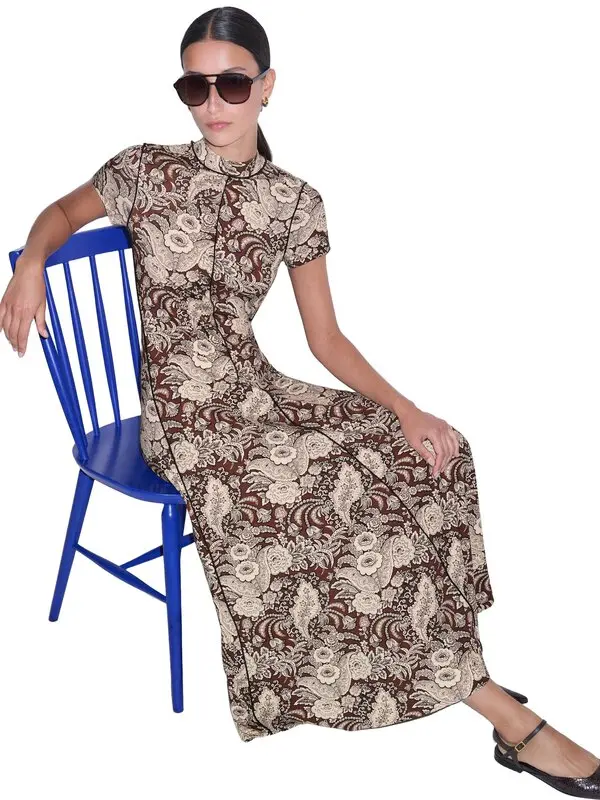 ME+EM Elaborate Botanical Print Short Sleeve Maxi Dress - Brown Multi