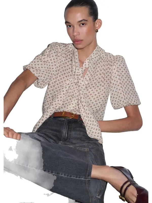 ME+EM Printed Silk Cotton Blouse With Tie Detail - Light Cream Multi