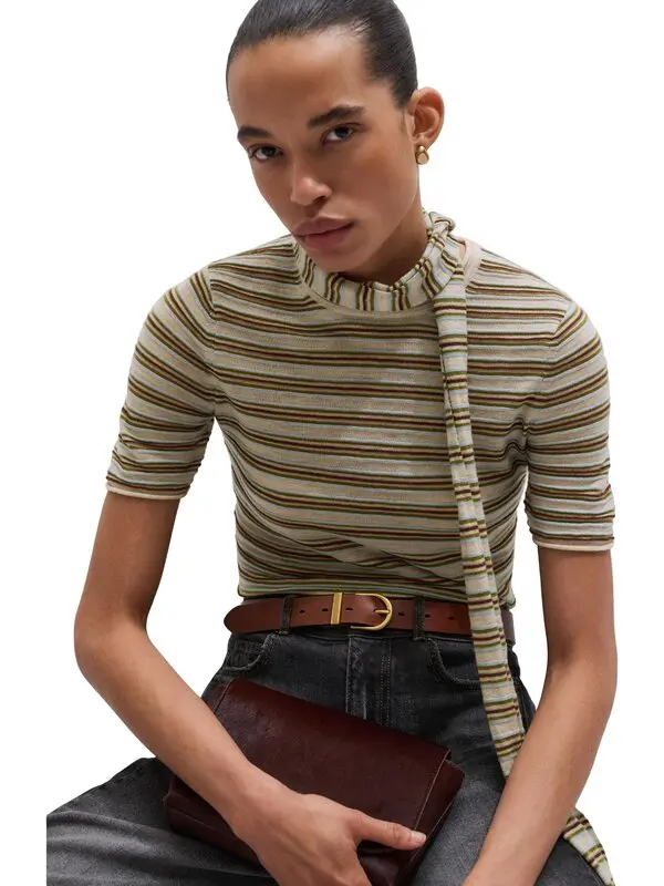 ME+EM Striped Slim Fit Knit Top With Tie Detail - Oatmeal Multi