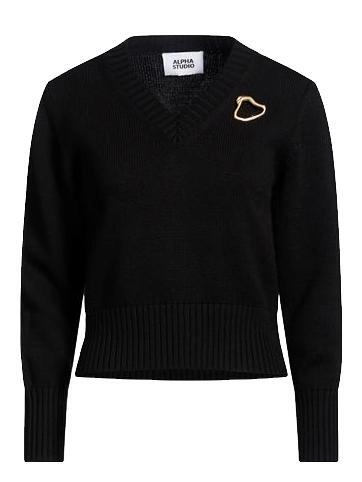 Alpha Studio Merino Wool V-neck Sweater With Brooch Detail - Black