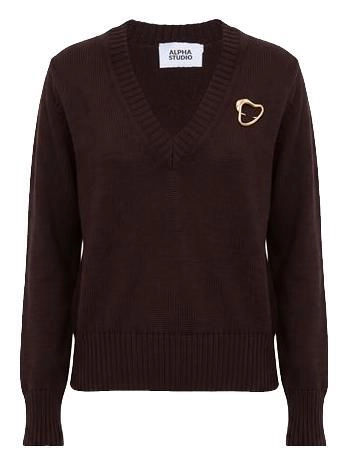 Alpha Studio Merino Wool V-neck Sweater - Brown