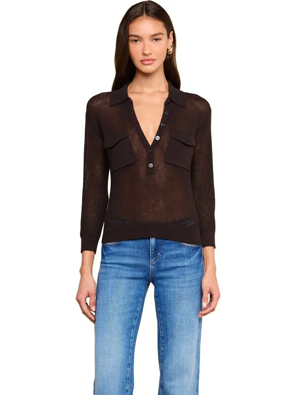 L'Agence Carine Pointelle Knit Polo With Utility Pockets - Coffee Bean