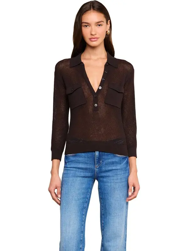 L'Agence Carine Pointelle Knit Polo With Utility Pockets - Coffee Bean