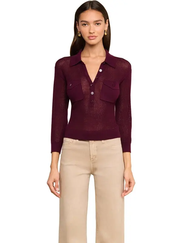 L'Agence Carine Pointelle Knit Polo Shirt - Deep Sangria