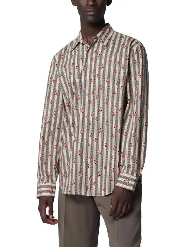 Dries Van Noten Striped Cotton Shirt With Floral Print - Beige