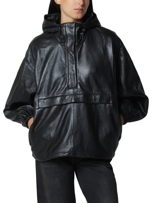 RÓHE Oversized Leather Anorak With Drawstring Hood - Black