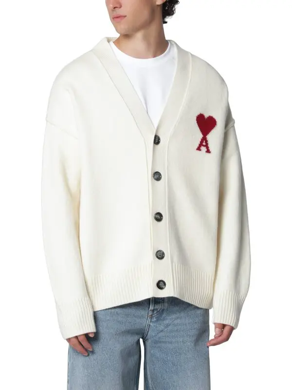 AMI Paris Virgin Wool De Coeur Cardigan - White