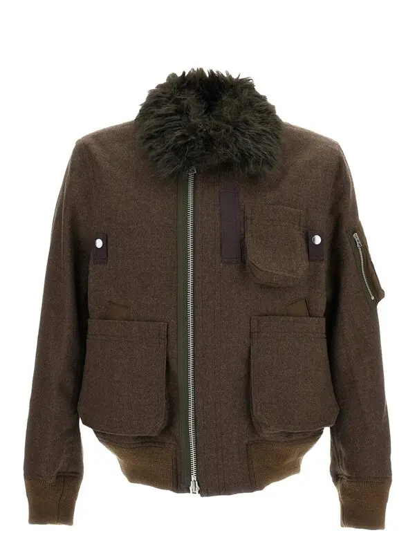 Sacai Melton Wool Bomber Jacket With Faux Fur Collar - Brown