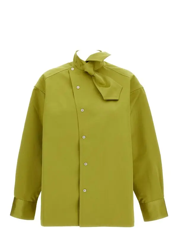 Plan C Duchess Satin Shirt With Asymmetric Scarf Collar - Green