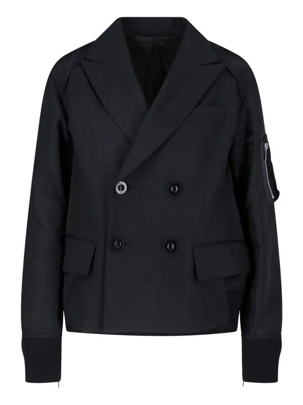 Sacai Double-breasted Twill Blazer With Zipper Accents - Black