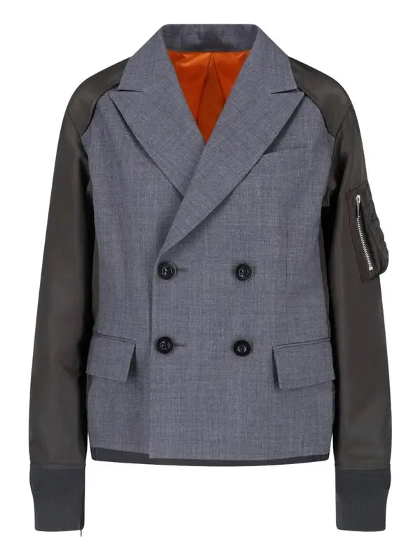 Sacai Double-breasted Twill Blazer With Zipper Accents - Gray