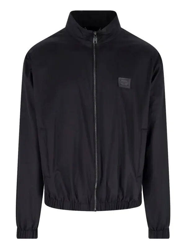 Dolce & Gabbana Lightweight Nylon High Collar Zip-up Jacket With Logo Plaque - Black