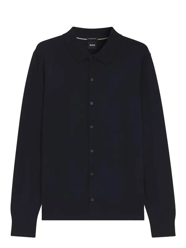 BOSS Virgin Wool Cardigan With Polo Collar - Dark Blue