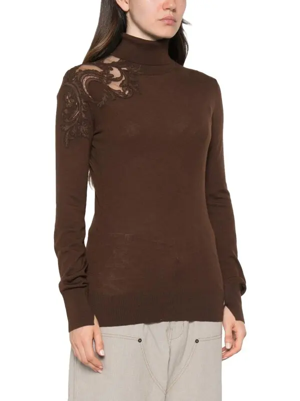 Ermanno Scervino Wool Turtle-neck Sweater With Lace Embellishment - Brown