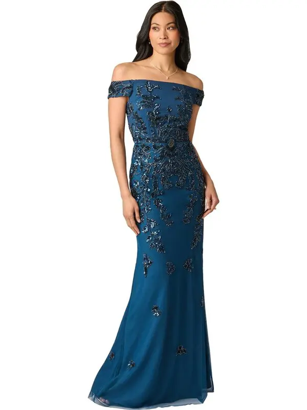 Adrianna Papell Off-shoulder Floral Beaded Stretch Crepe Mermaid Gown - Deep Blue