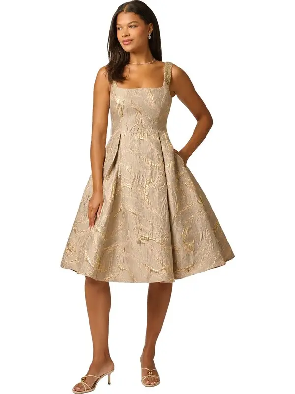Adrianna Papell Beaded Square Neck Metallic Fit And Flare Midi Dress - Mink