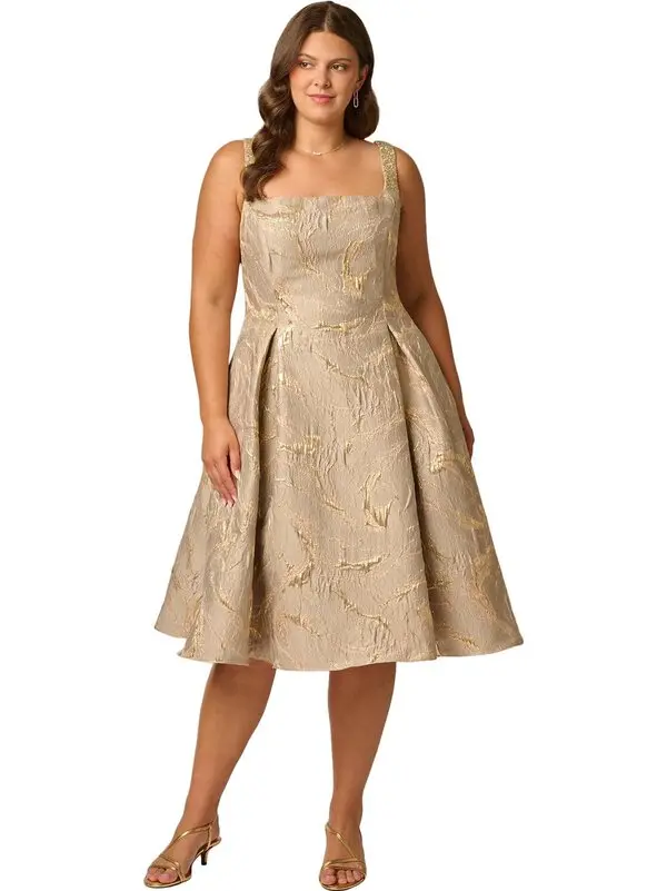 Adrianna Papell Beaded Square Neck Metallic Fit And Flare Midi Dress - Mink