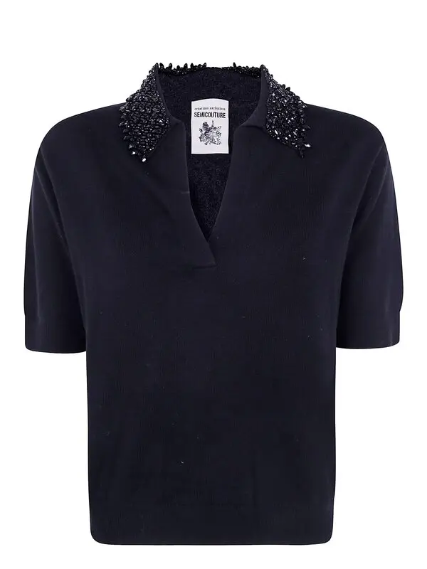 SEMICOUTURE Margy" Polo Shirt With Embellished Collar - Black