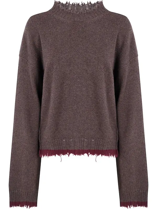 UMA WANG Long Sleeve Knit Top With Distressed Hem - Brown