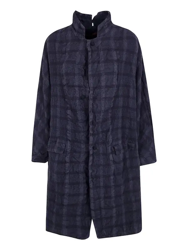 DANIELA GREGIS Wool Coat With Stand Collar And Checked Pattern - Gray