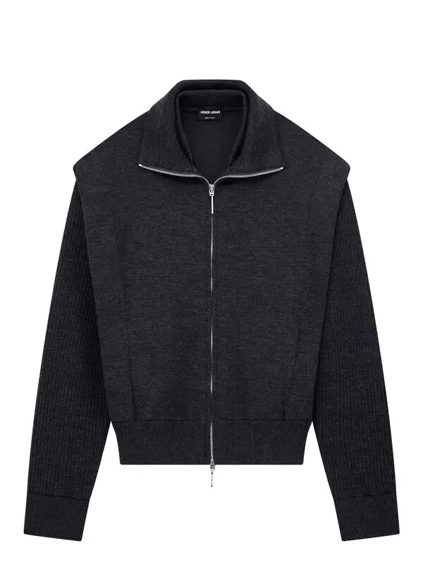Giorgio Armani Virgin Wool Blouson Jacket With Rib Knit Sleeves - Grey