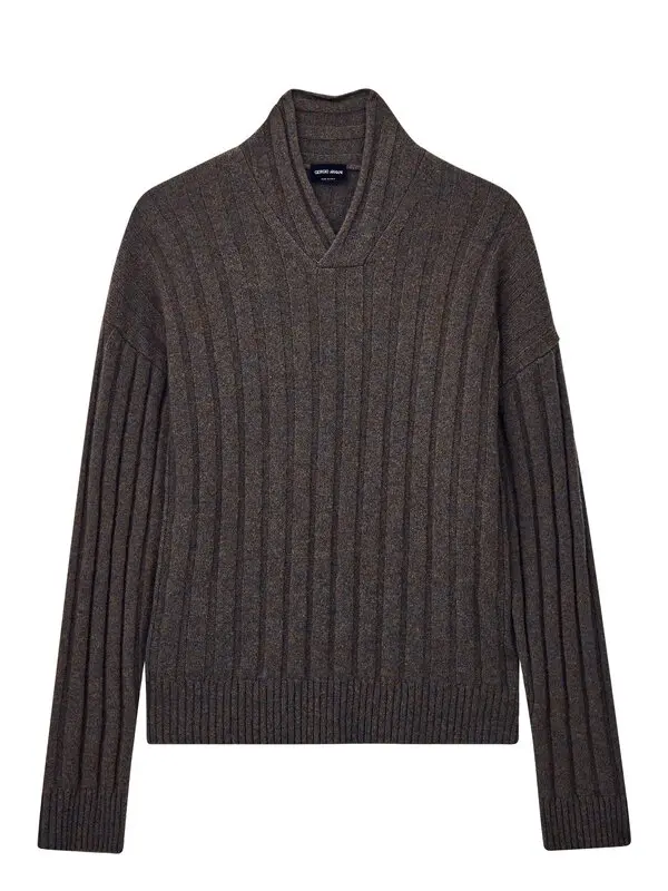 Giorgio Armani Wool Sweater With Shawl Collar And Rib Stitch - Beige