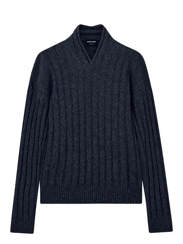 Giorgio Armani Wool Sweater With Shawl Collar And Rib Stitch - Grey