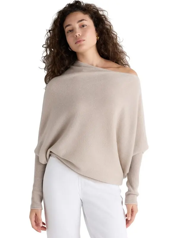 Quince 100% Mongolian Cashmere Asymmetric Draped Sweater - Heather Cloud Beige