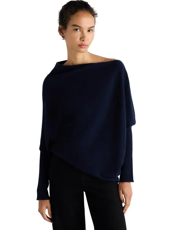 Quince 100% Mongolian Cashmere Asymmetric Draped Sweater - True Navy
