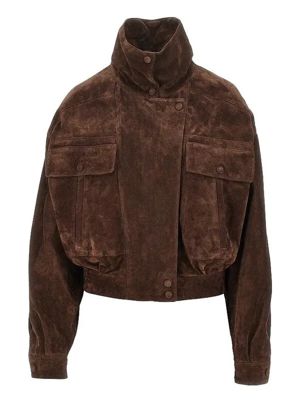 Saint Laurent Suede Leather Jacket With Stand Collar - Brown