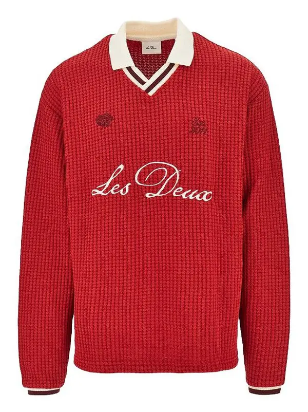 LES DEUX Knitted Polo Hirt With Logo Embroidery - Red