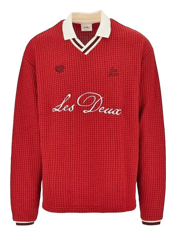 LES DEUX Knitted Polo Hirt With Logo Embroidery - Red
