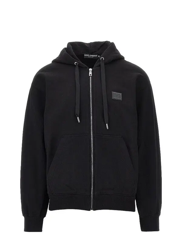 Dolce & Gabbana Cotton Zip-up Hoodie With Leather Logo Plate - Black