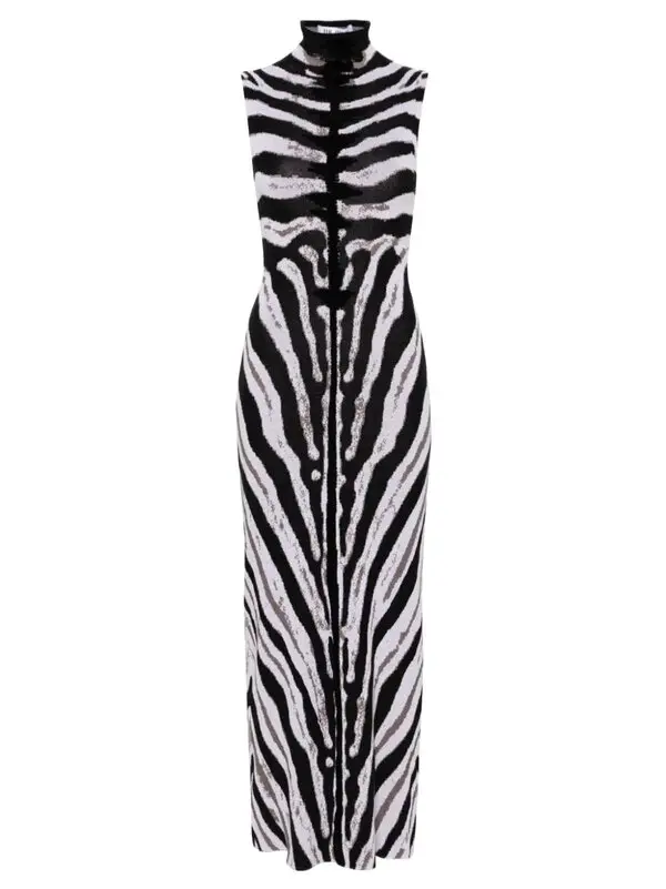 Attico Zebra Print Knitted High Neck Maxi Dress - Black
