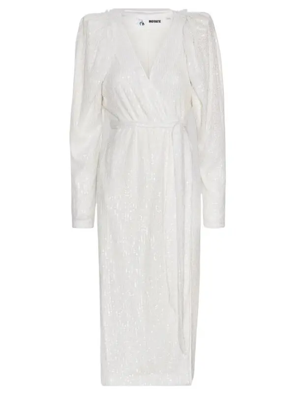 ROTATE BY BIRGER CHRISTENSEN V-neck Sequined Long Sleeve Midi Wrap Dress - White