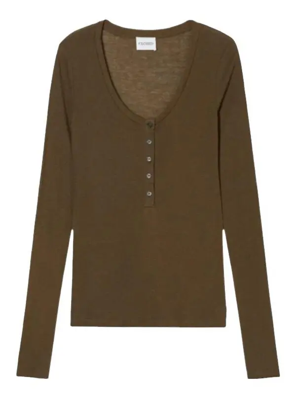 Closed Henley Long Sleeve Ribbed Knit Top - Brown
