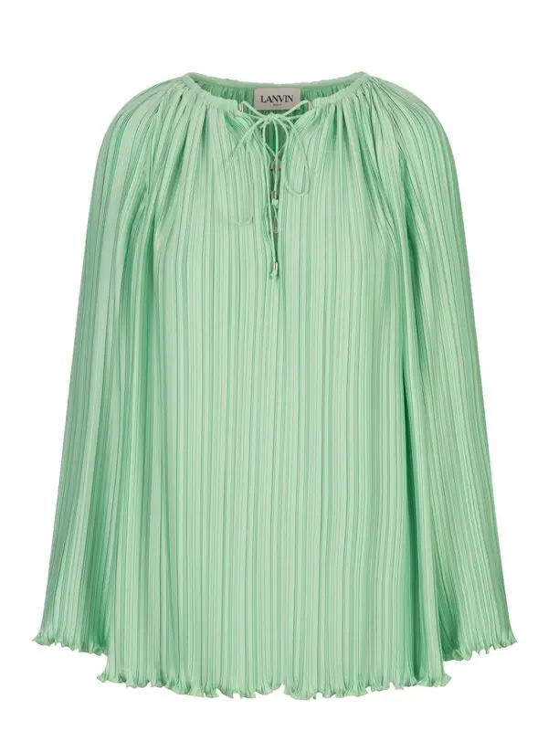 LANVIN Pleated Ruffled-hem Tied-neck Blouse - Green