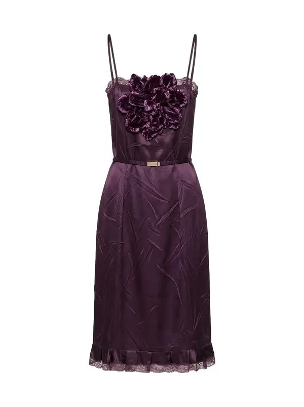 Gucci Silk Satin Dress With Flower Brooch And Belt - Purple