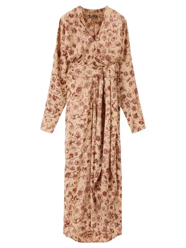 Loro Piana V-neck Floral Print Belted Maxi Dress - Beige/bordeaux