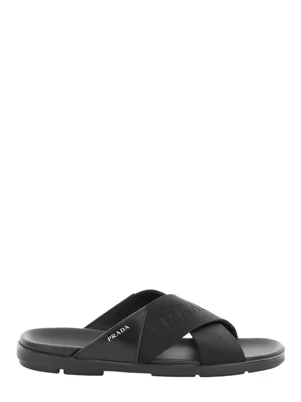 Prada Brushed Leather And Nylon Tape Crisscross Slides - Black