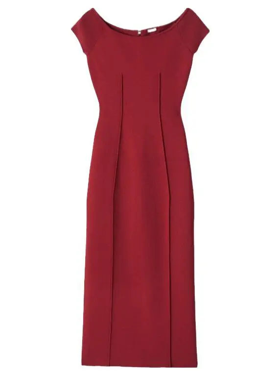 JOSEPH Cap Sleeve Fitted Dress With Boat Neckline And Gold-tone Back Zip - Cherry