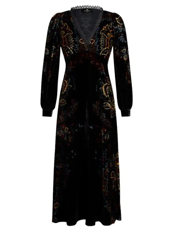 Etro Printed Velvet V-neck Lantern Sleeve Dress - Black