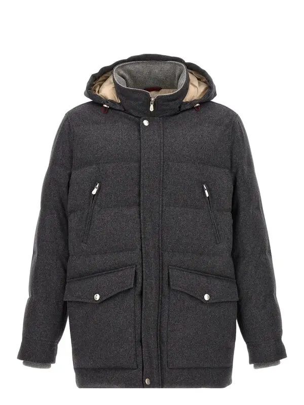 Brunello Cucinelli Long Sleeve Hooded Jacket With Zipper And Button Closure - Grey