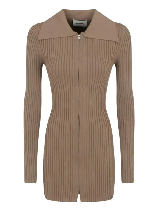 Nanushka Ribbed Knit Long Sleeve Zip Up Cardigan - Brown