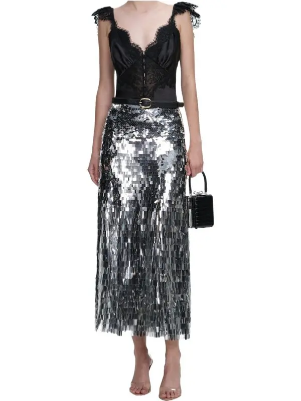 SELF-PORTRAIT Sequin Embellished Midi Skirt - Silver