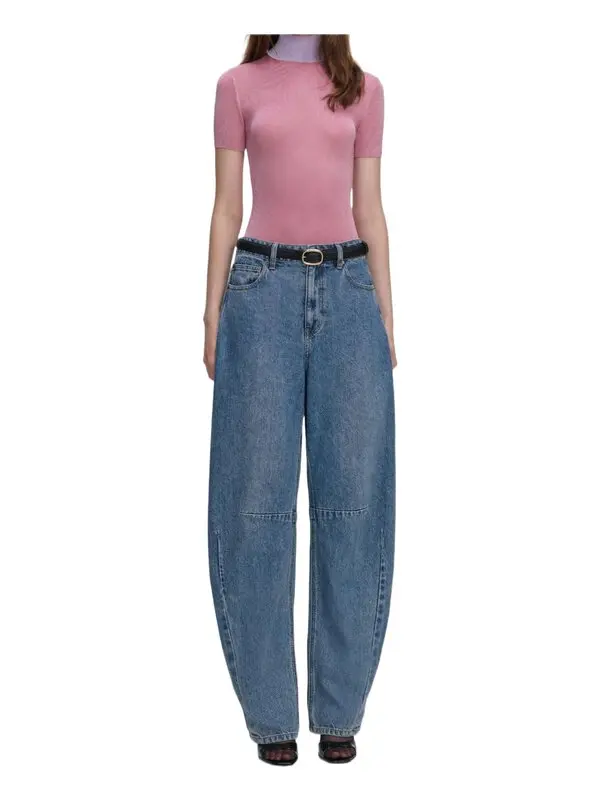 SELF-PORTRAIT High Neck Short Sleeve Knit Top - Pink