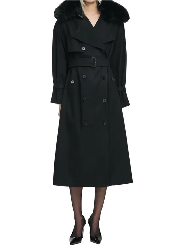 SELF-PORTRAIT Belted Trench Coat With Faux Fur Trim - Black