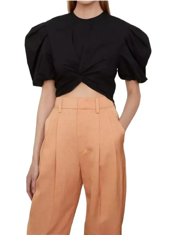Vince Cropped Knot T-shirt With Puff Sleeves - Black
